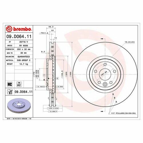 Тормозной диск передний Brembo 09D06411 для Jaguar XE, XF