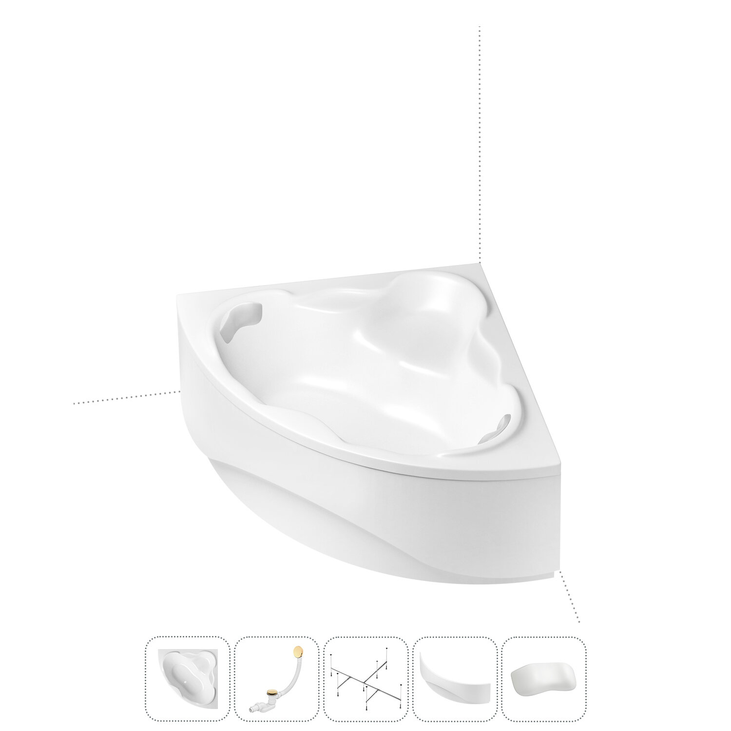 Угловая ванна акриловая 140 x 140 с каркасом и экраном Lavinia Boho Elegant 202011781 в наборе 5 в 1: акриловая ванна, слив-перелив, каркас, экран, подголовник 2 шт.