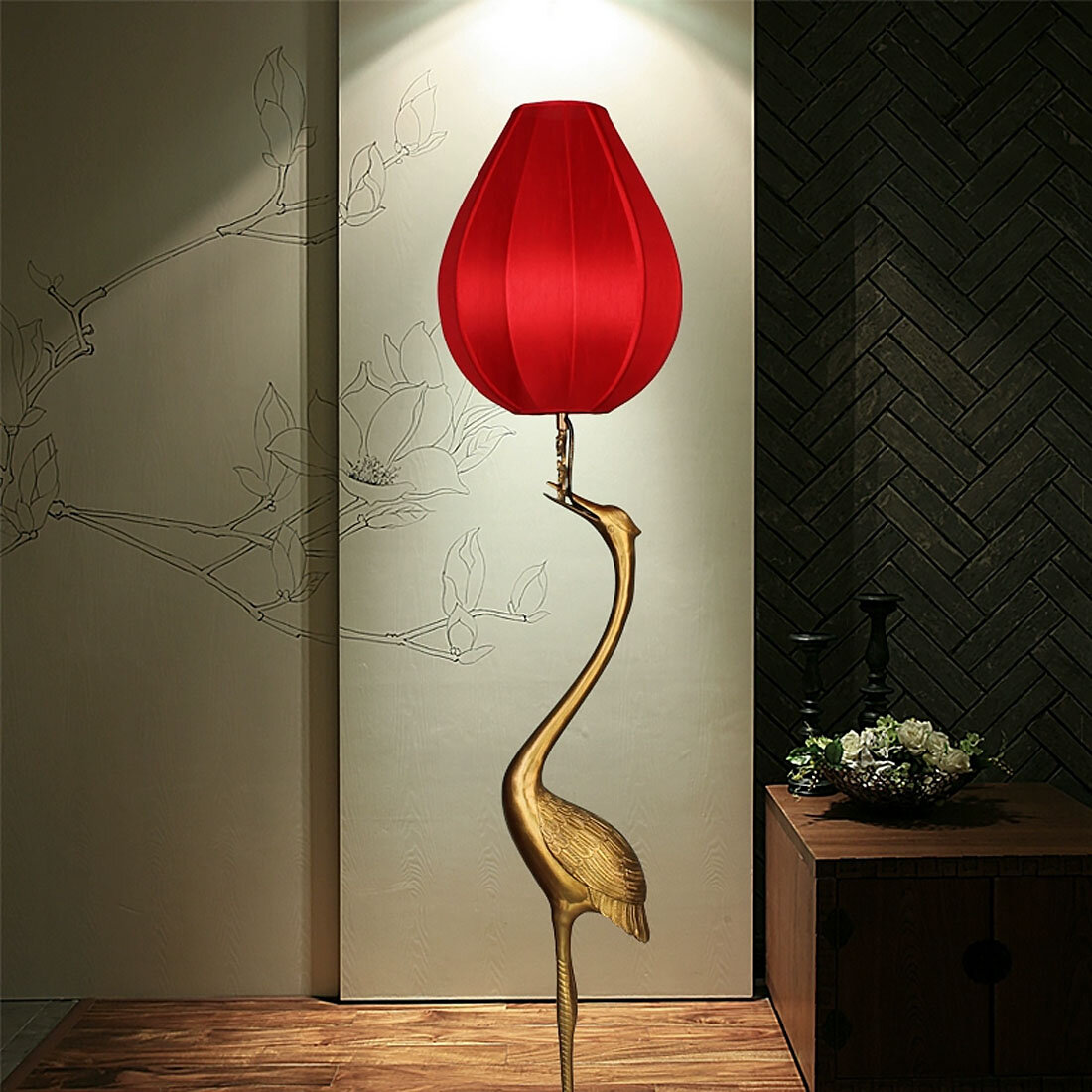 Интерьерный торшер в виде журавля Golden Crane (145 х 24 см красный абажур)