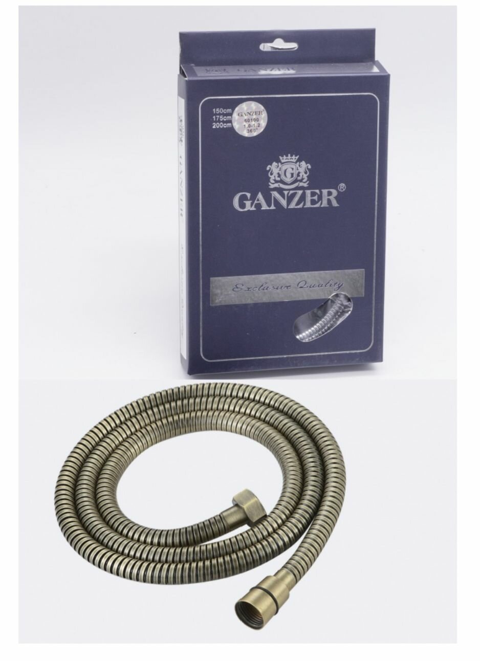 Ganzer шланг для душа Strong 1.0м, в мет. оплетке, растягивающийся, защита от пререкручивания, бронза