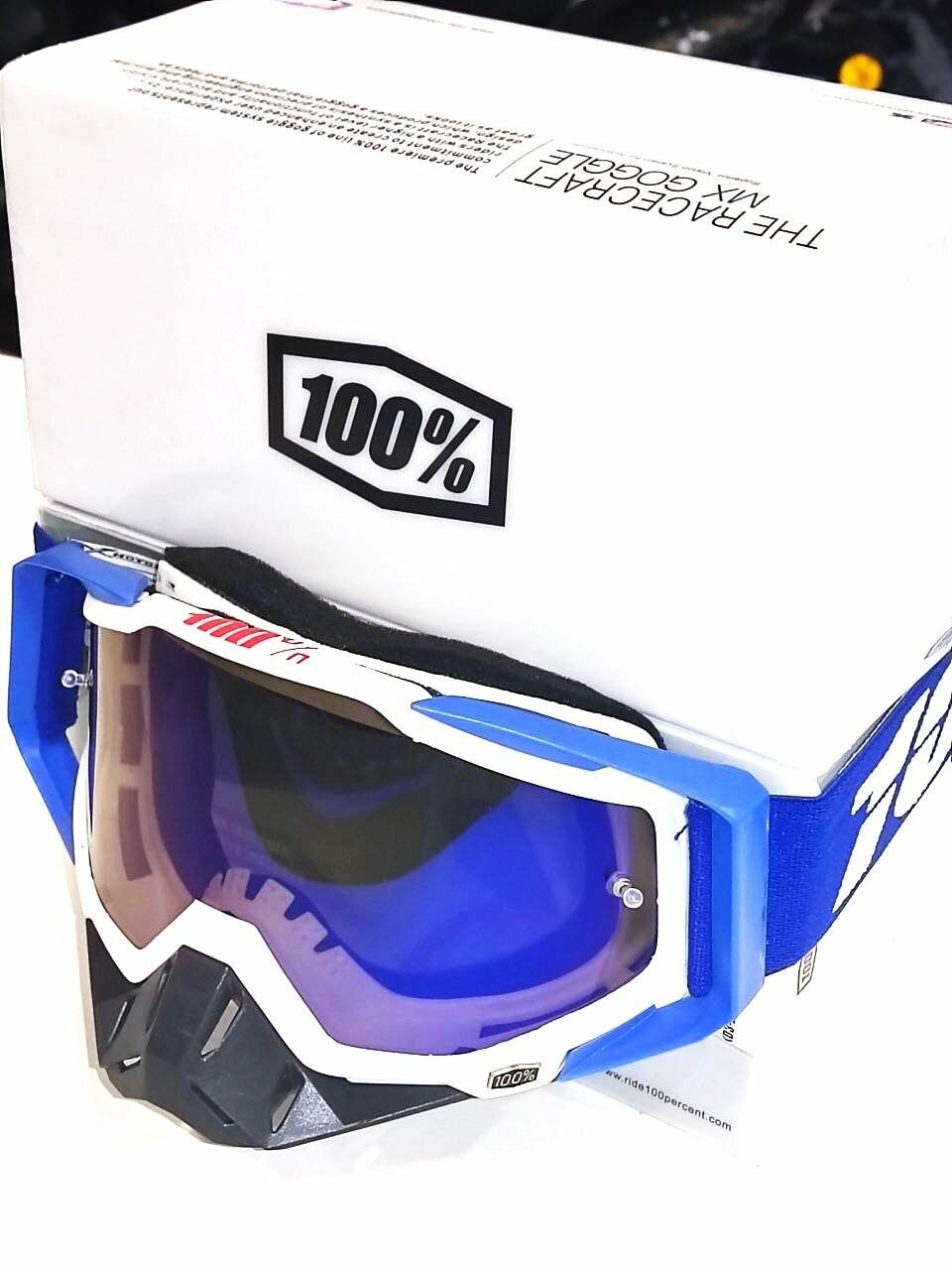 Очки мотокросс 100% цв. оправы Бело-голубой цв. стекла Синий