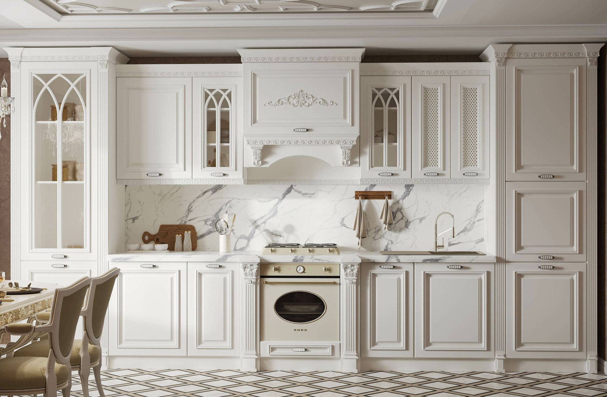 Кухонный гарнитур Арида "Монако", прямой, 4.4 м, белый/белый мрамор