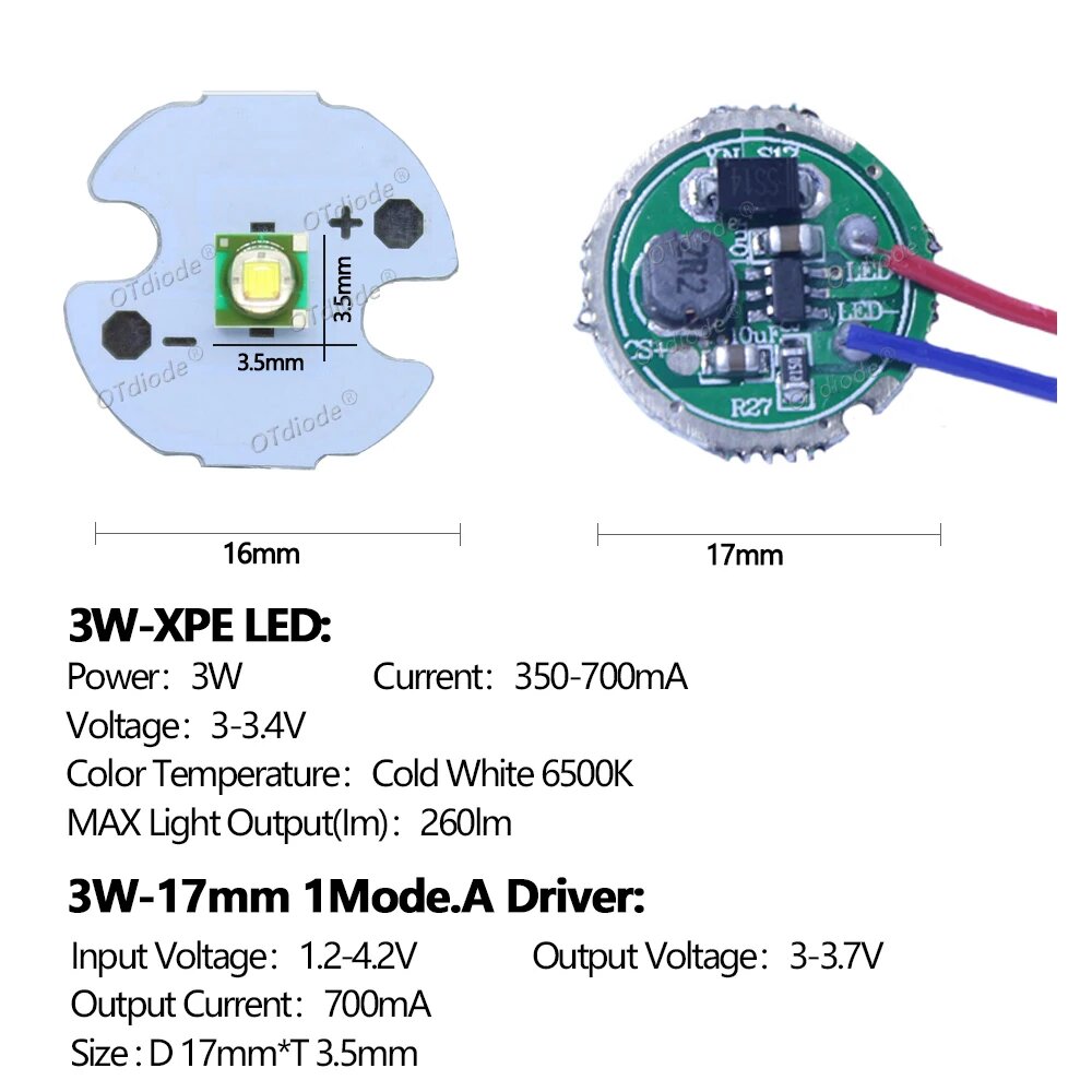 OTdiode Трансформатор освещения LED 3-36Вт Холодный белый 16mm XPE-17mm 3.7V, With 1 Mode, Warm White LED