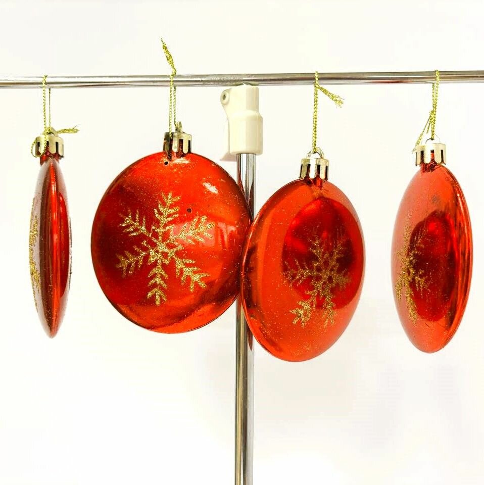 Шары новогодние плоские, 4 штуки, 9см. диаметр, красные цвет, под блистером