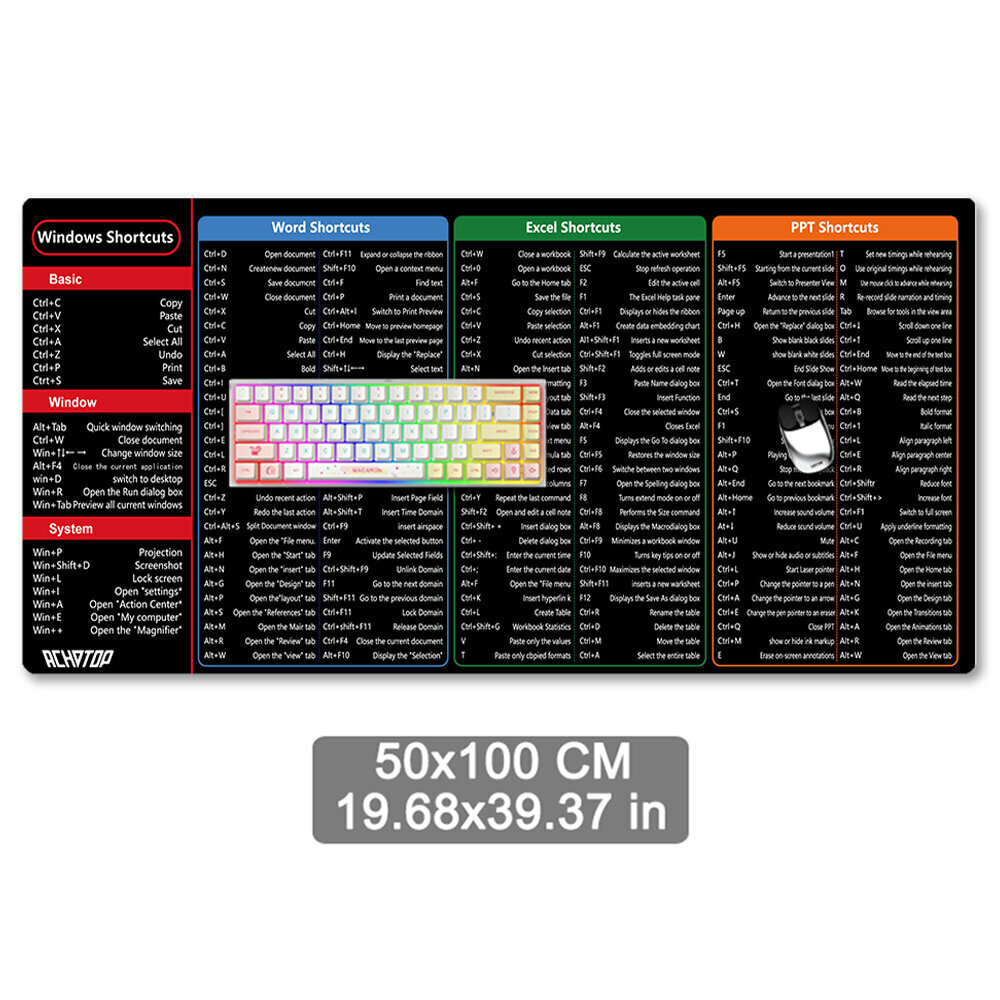 Игровой коврик для мыши AUTODESK Fusion Shortcuts XXL Большой коврик для офисного стола 1000x500x3мм, красный