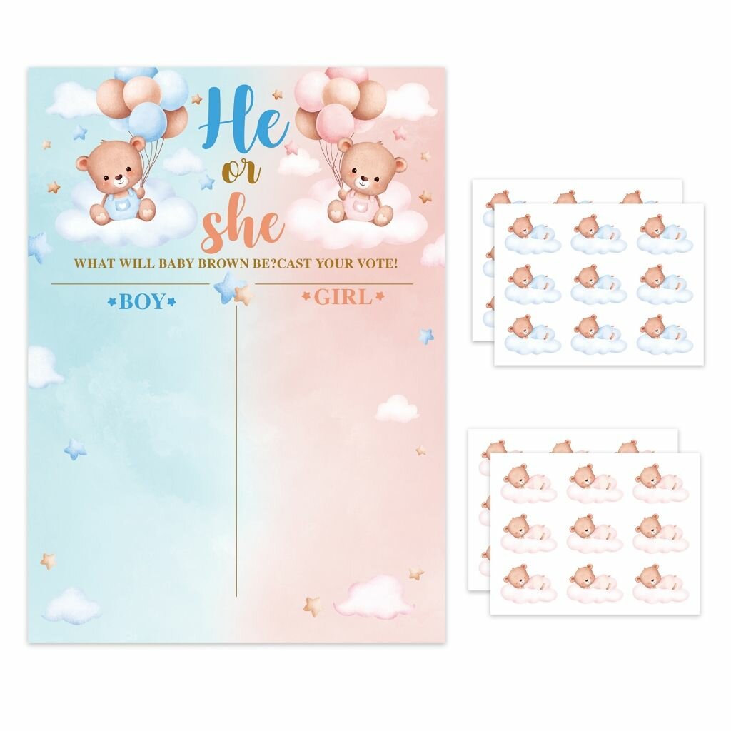 Постер для голосования на гендерное раскрытие малыша с наклейками медведей
