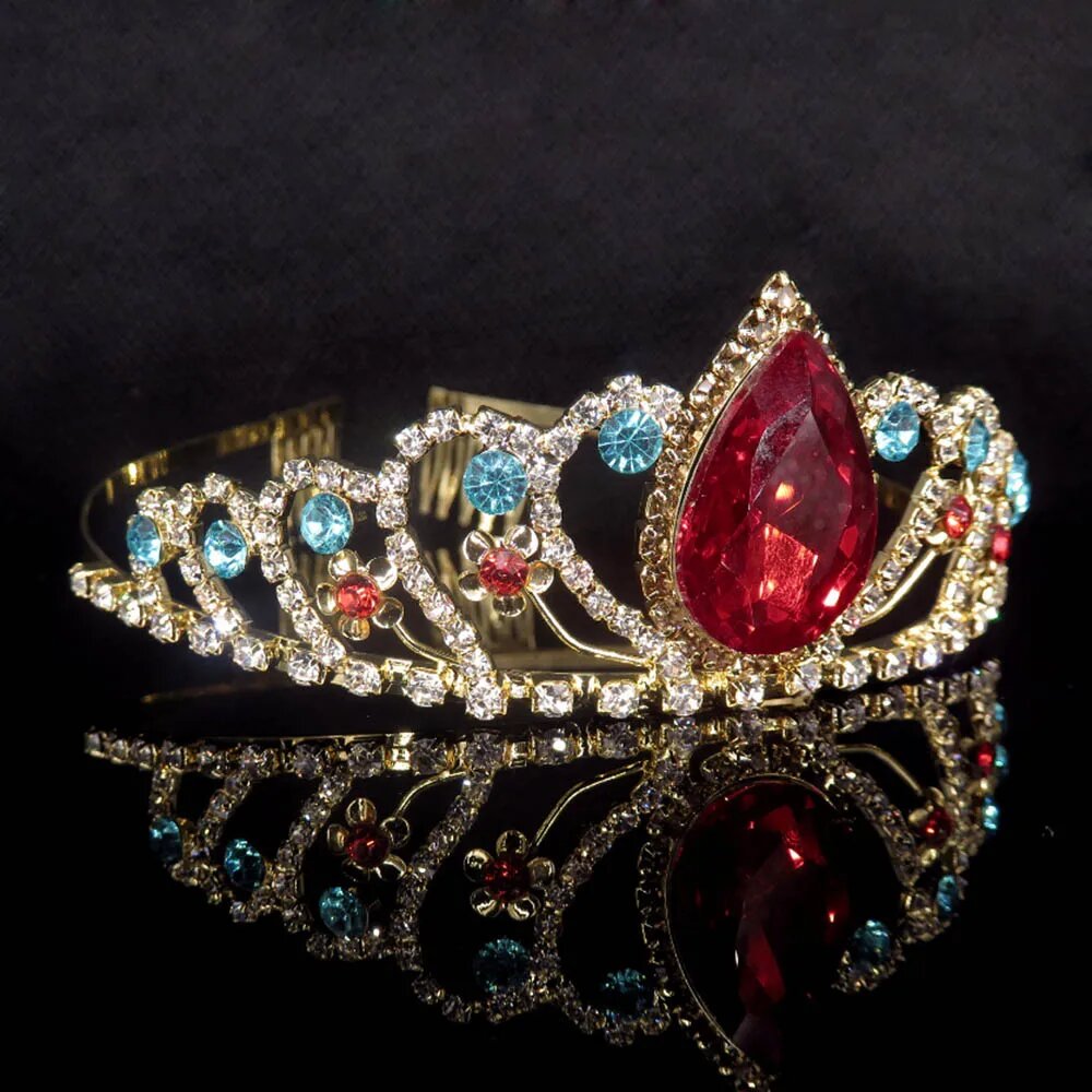 Тиара-гребень золотая с кристаллами, бордовый, Metal color: 4