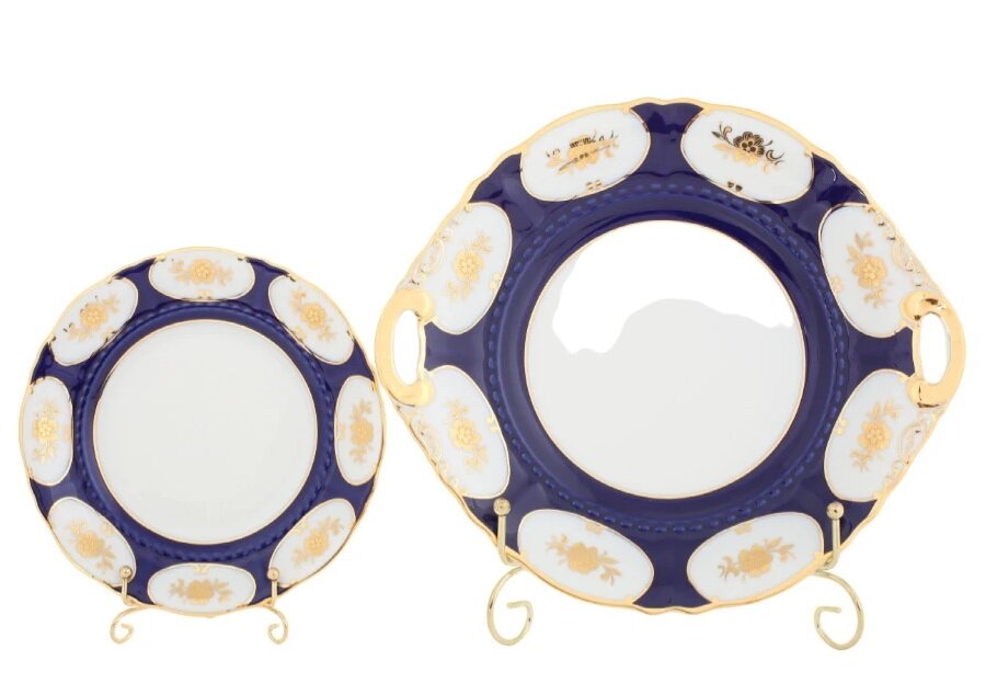 Сервиз для торта 7 предметов с тарелками 17 см, Золотой цветок, кобальт Соната 07161017-0443, Leander