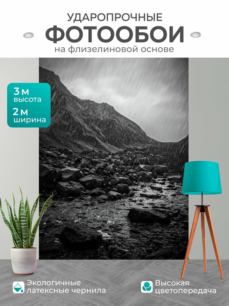 Фотообои моющиеся ударопрочные "Горы, шумящие под сильным дождем, черно-белая фотография с акцентом на текстуры дождя и скал." 200x300 см. флизелиновые на стену