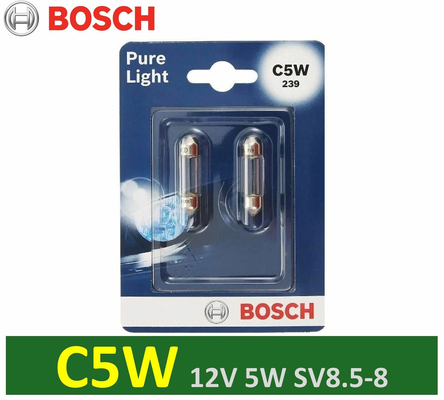 Лампа автомобильная Bosch C5W Pure Light 35 мм (арт. 1987301004 ) / 12V 5W 35x11 цоколь SV8.5-8 / 2 шт.