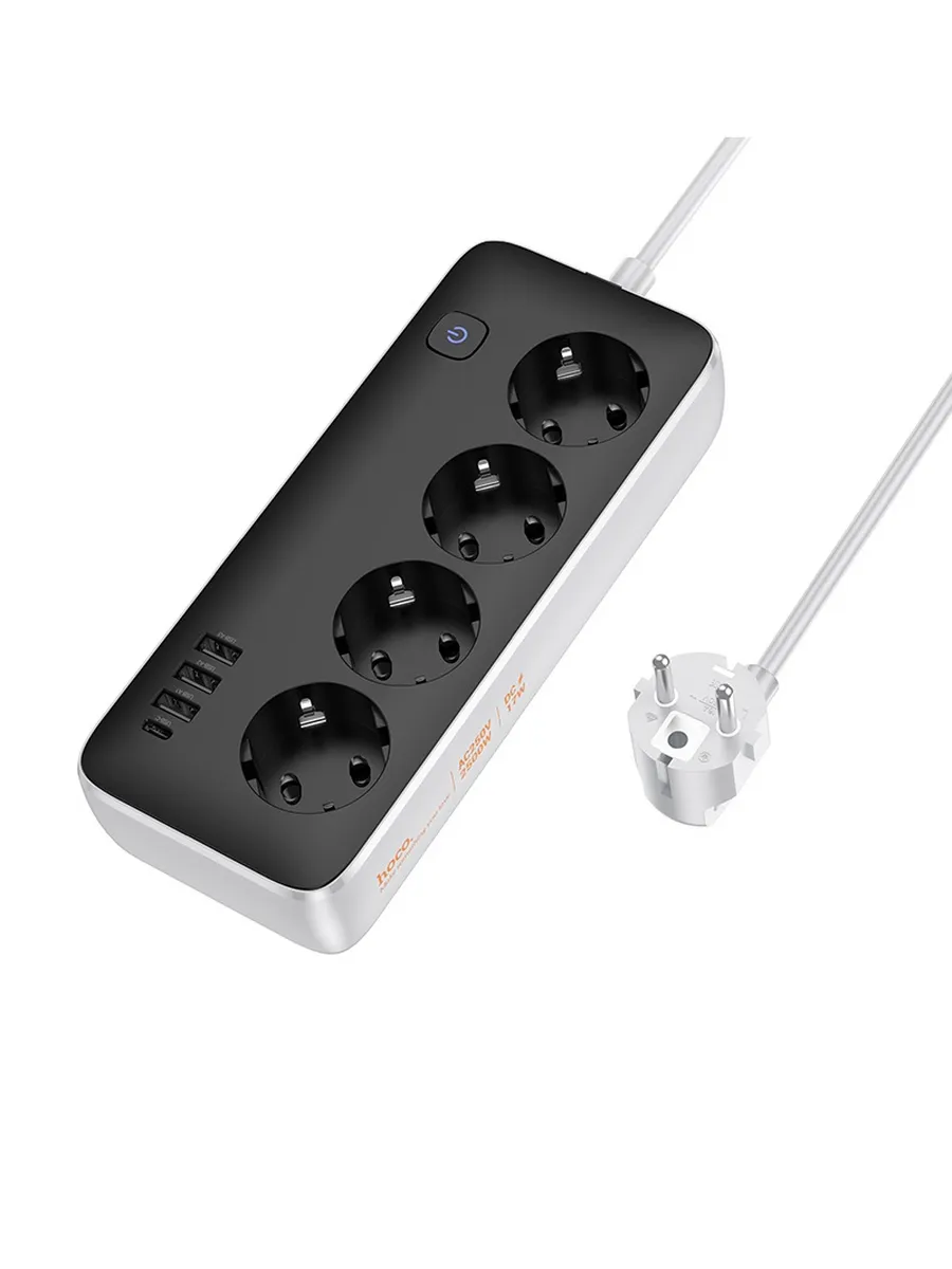 Сетевой фильтр Hoco AC21, 4 евророзетки, 3 метра, зарядка, черный/белый