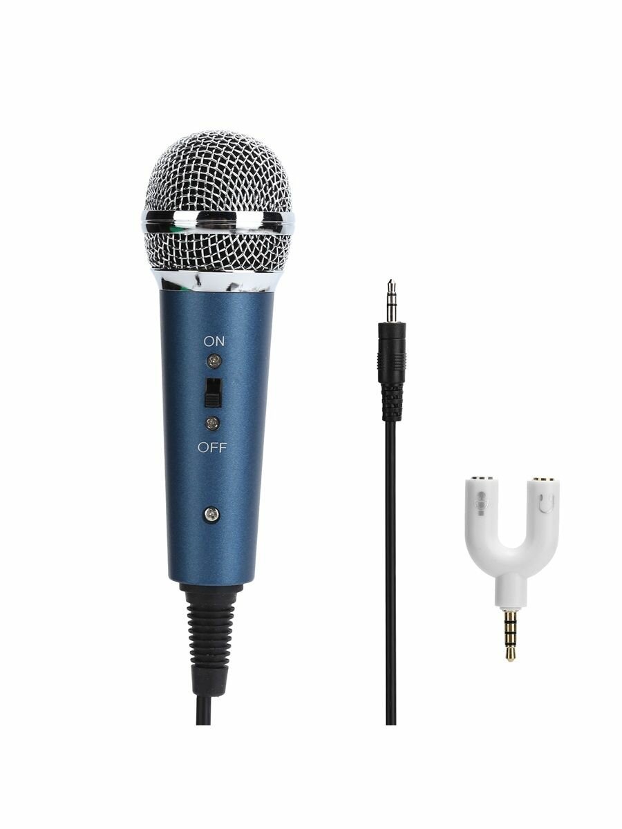 Проводной конденсаторный микрофон 3,5 мм с U-образным аудиоадаптером для записи компьютерного караоке, синий цвет