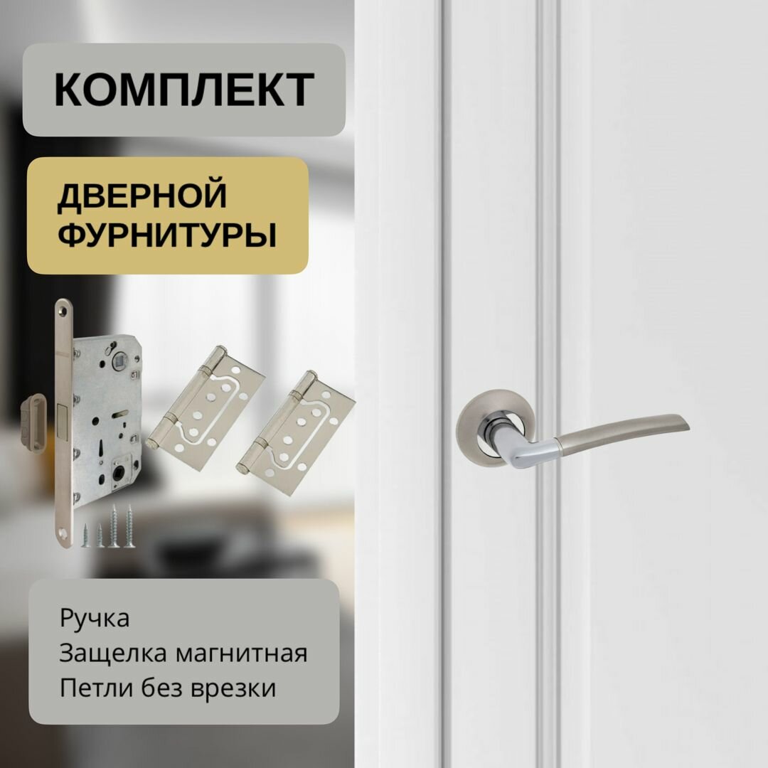 Дверная фурнитура (ручка Родео c магнитной защелкой 9-65, петли матовый никель/хром)+запил