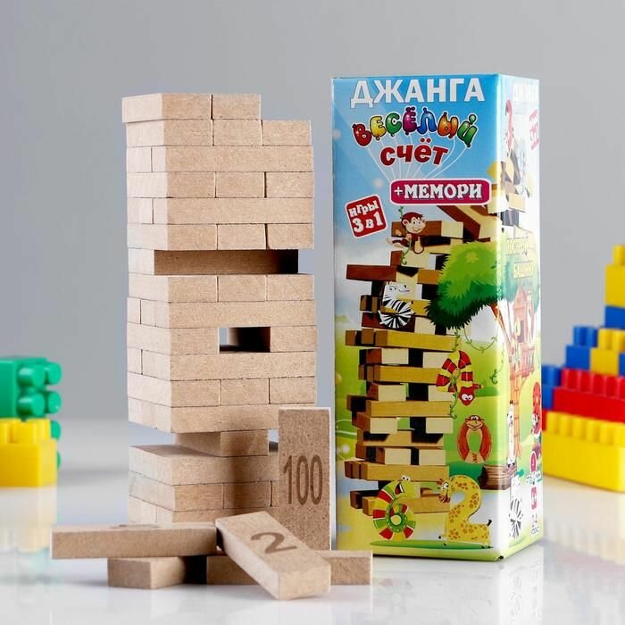 Настольная игра Sima-land башня 3в1 "Джанга, Мемори, Веселый счет", 54 бруска (5110305)