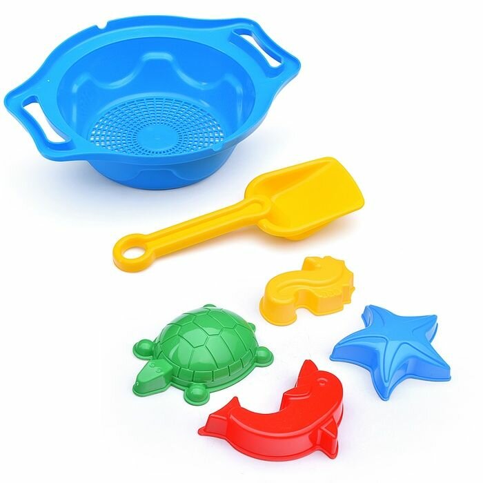 Песочный набор ТехноК лопатка, сито, формочки 4 шт, в сетке (П1431)