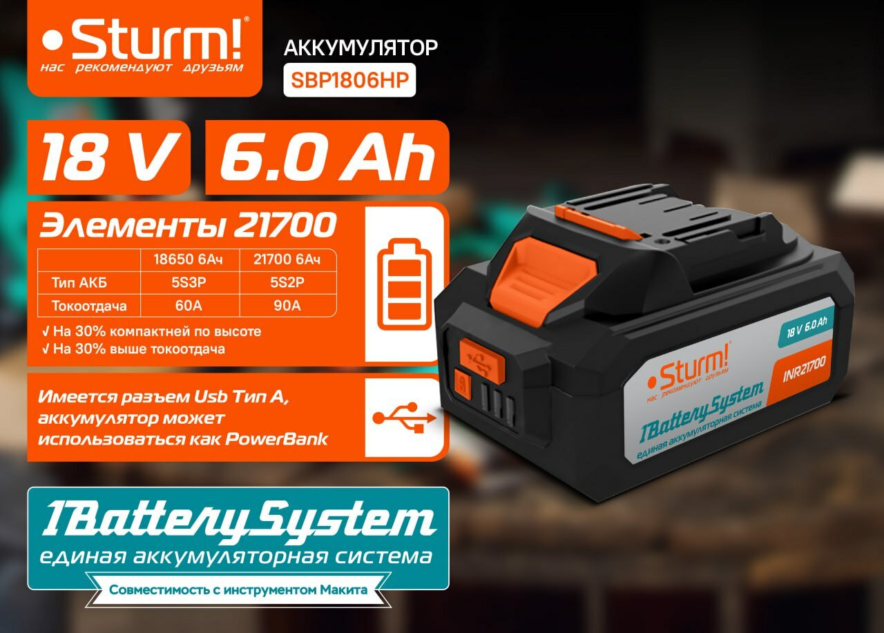 SBP1806HP аккумулятор Sturm, 18В, 1BatterySystem, тип 21700, 6.0Ач