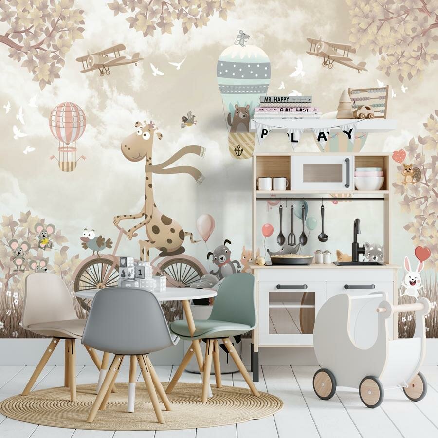 Фотообои Жираф на велосипеде 19-0096-M-Флок 270 x 300 см (ВхШ) Бесшовные, флизелиновые, влагостойкие обои MasterFresok