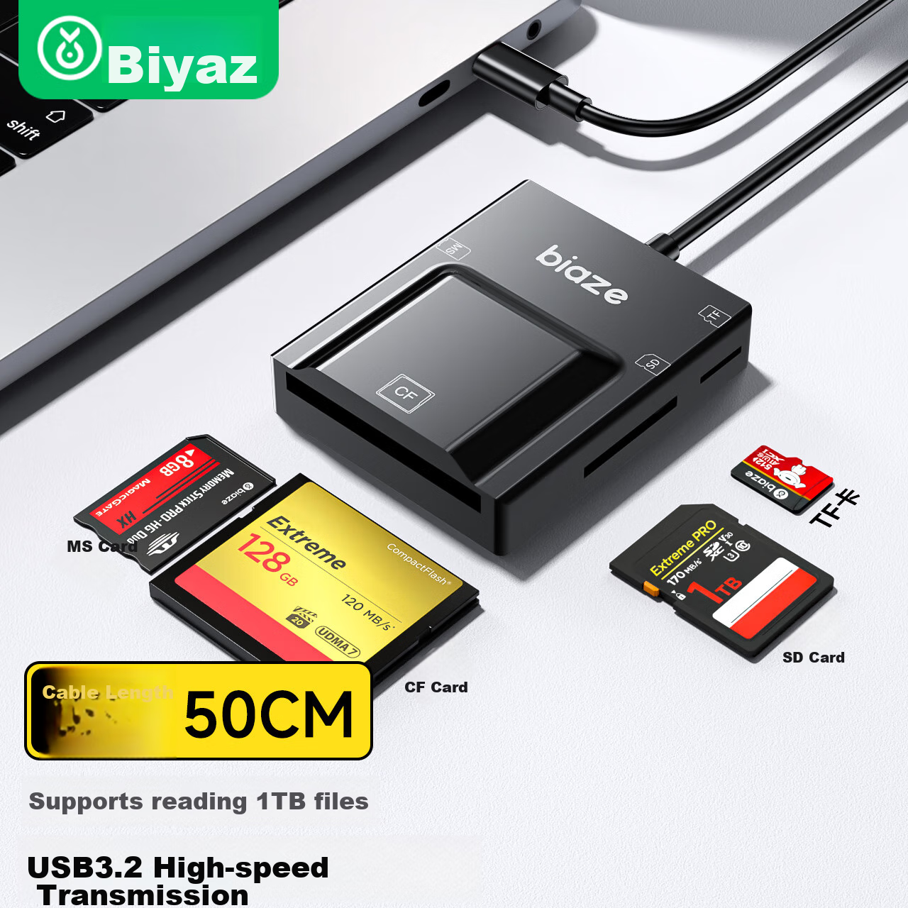 BIAZE SD/TF/CF/MS Card High Speed Multi-function All-in-One Card Reader Type-C 3.0 Support Memory Card Camera Recorder Monitor Phone Cable Length 0.5m Card Reader Black