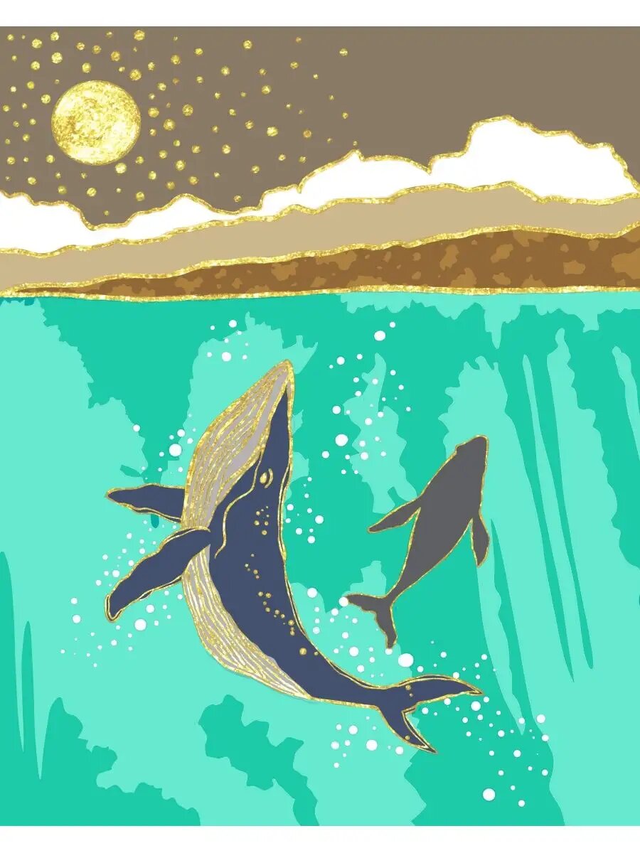 Стильные картины по номерам с золотой краской "киты", Leonardo Daivinchik, картина на подрамнике 40х50