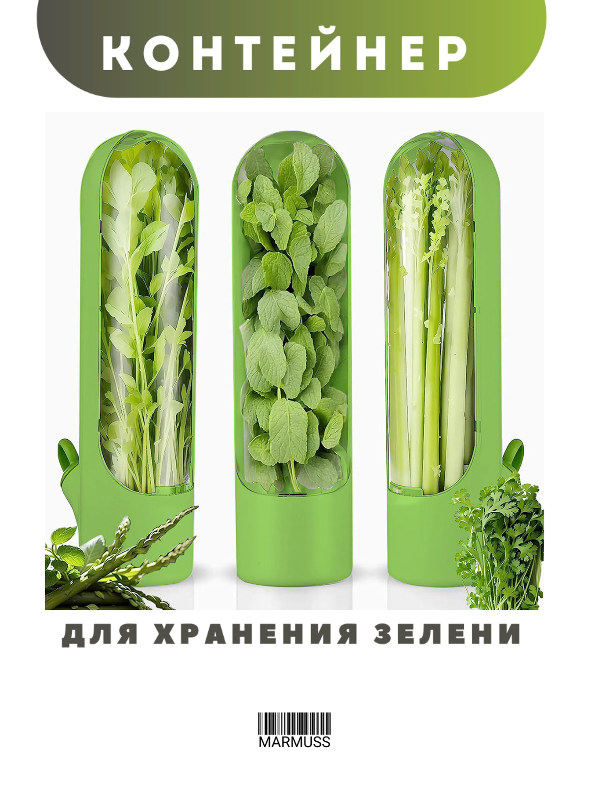 Контейнер для хранения зелени Marmuss, 500 мл, зеленый, пластиковый, с крышкой и клапаном, для холодильника