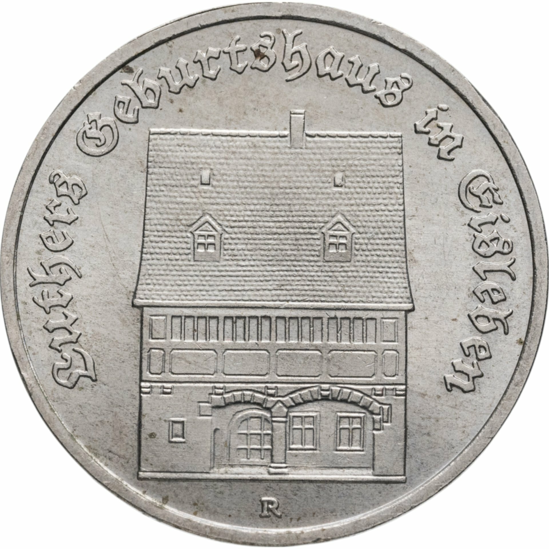 Германия ГДР 5 марок 1983 "Родной дом Мартина Лютера в Эйслебене", Мельхиор медь-никель, в сохранности AU-UNC