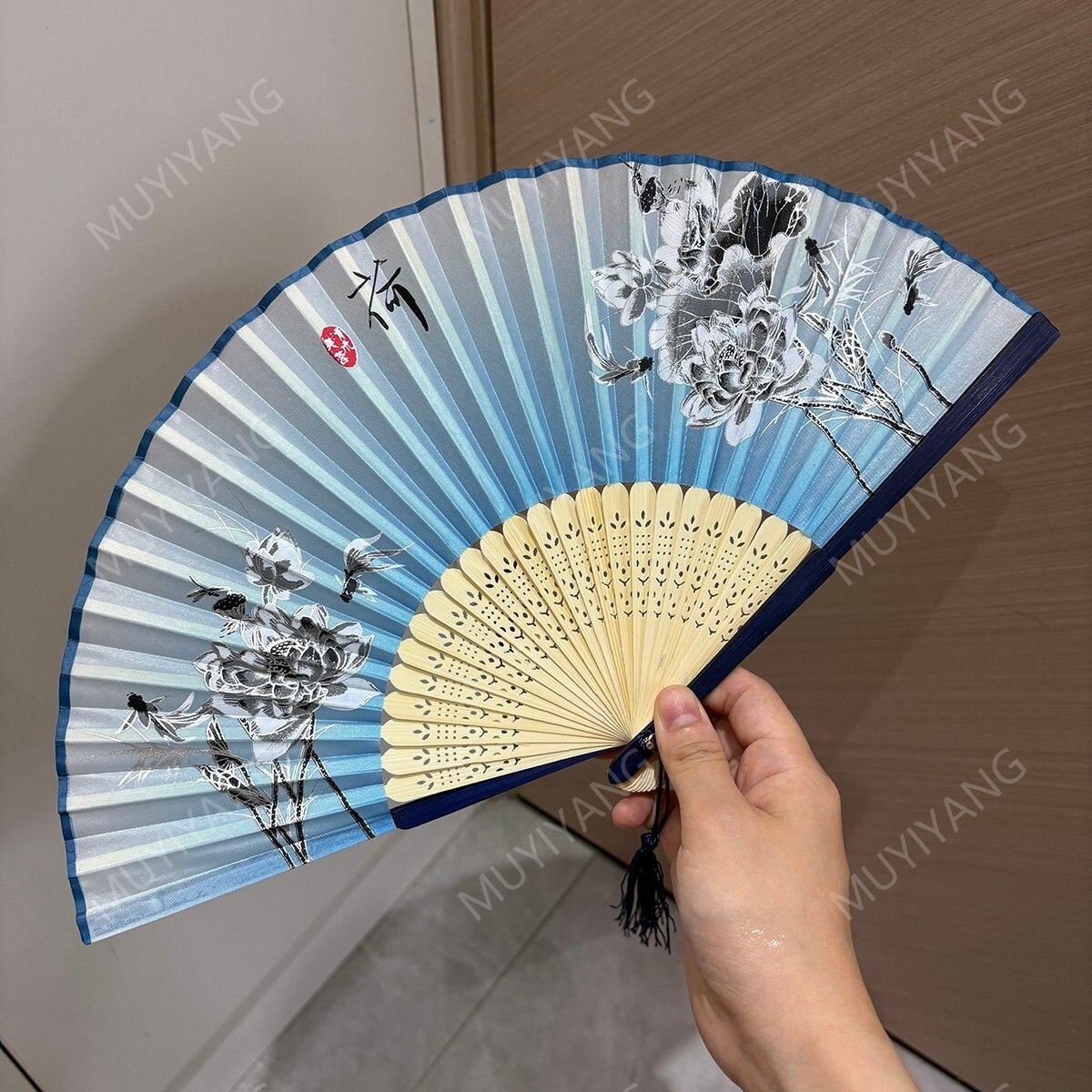Складной японский веер, с чехлом, для фотосессии и танцев, дерево, текстиль