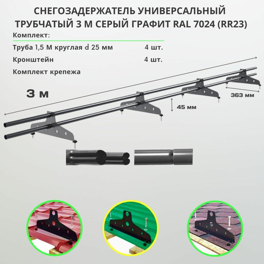 Снегозадержатель на крышу трубчатый универсальный круглый 3м (состоит из двух штук по 1,5 м) серый графит RAL 7024 (RR 23) для металлочерепицы, профнастила, мягкой и битумной кровли