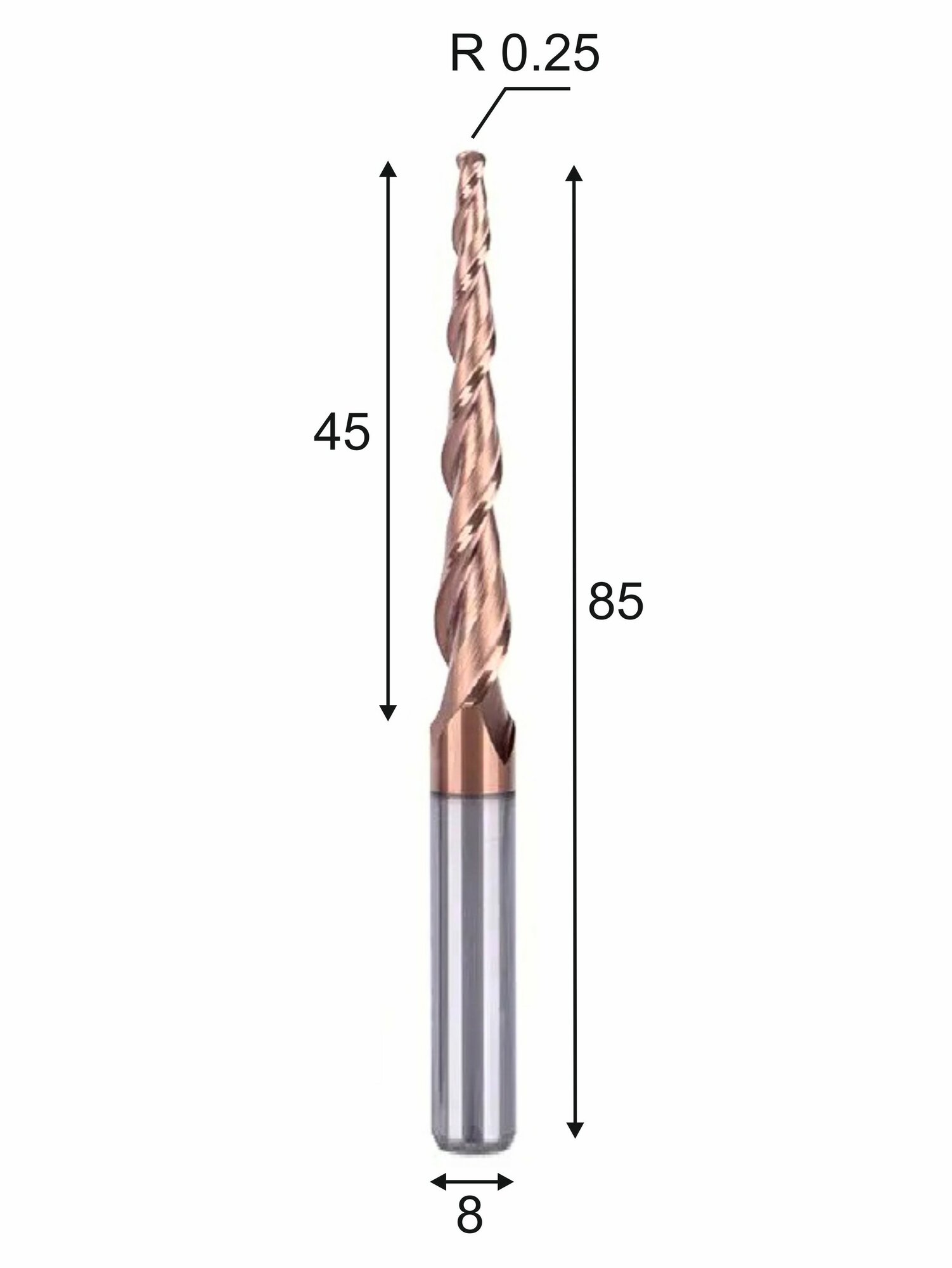 Фреза конусная двухзаходная сферическая для станков с ЧПУ R0.25х45х85х8