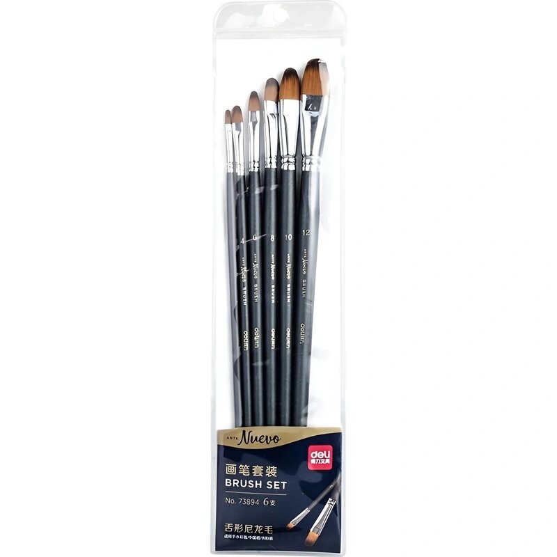 Набор кистей худож. DELI 73894 нейлон плоскоовал, ср. жестк, корот. ручк,6шт/наб