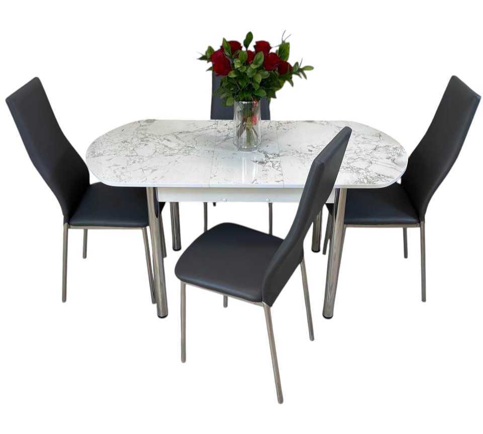Стол и стулья для кухни NGVK Овал Белый мрамор и 4 стула Омега цвет Черный