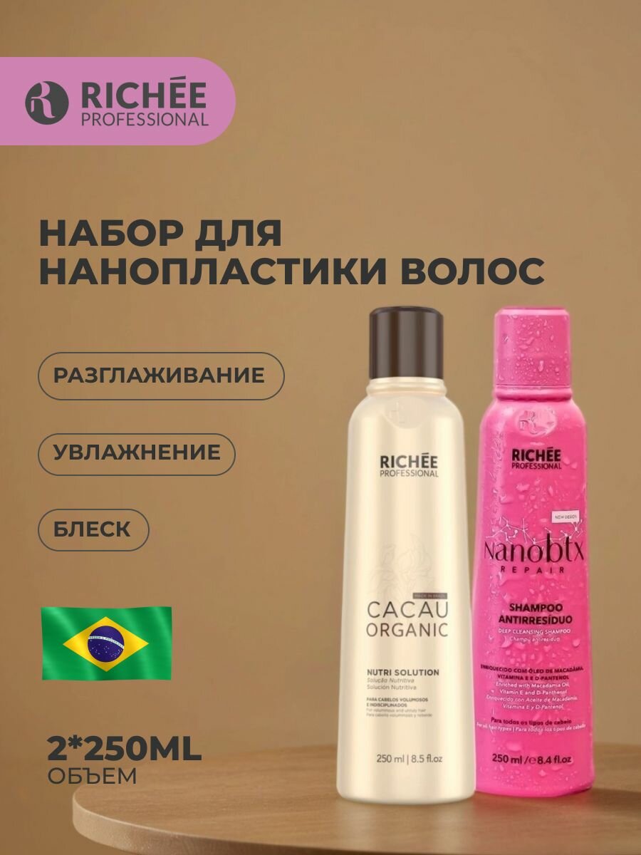 Richee Professional Набор для процедуры "Нанопластика для волос" Cacau Organic Solution 2*250г