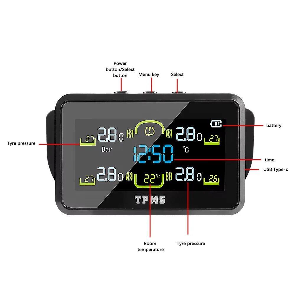 Умная Солнечная Система Контроля Давления В Шинах (TPMS) С 4 Датчиками, Сигнализацией И Дисплеем, Предупреждением О Температуре