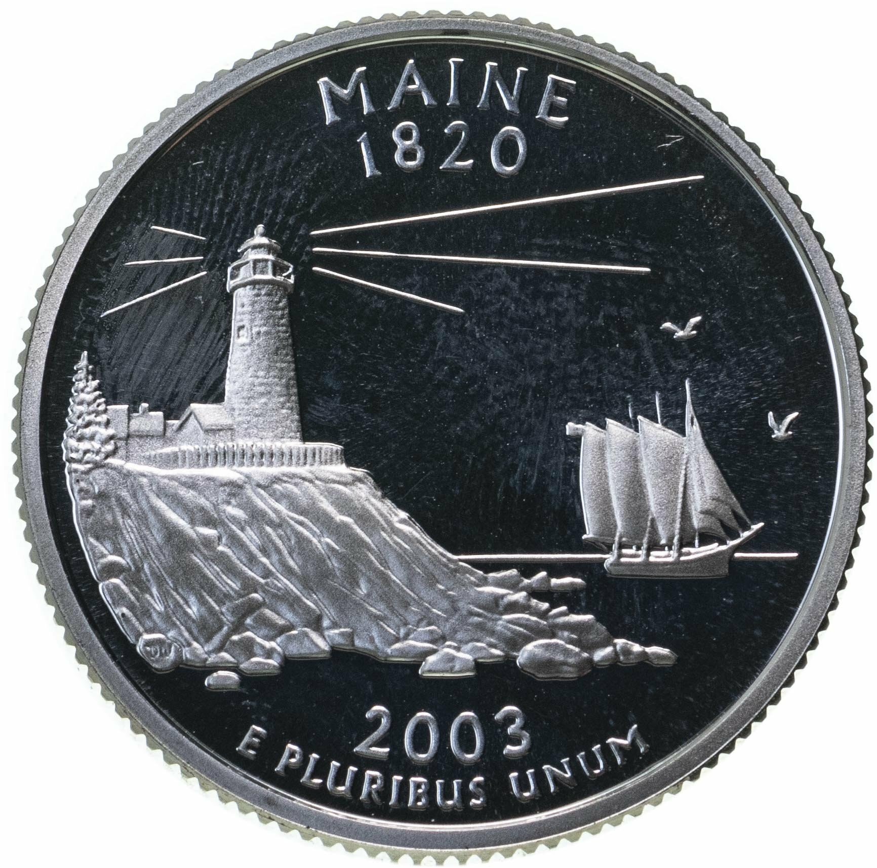 США 25 центов квотер, 1/4 доллара, quarter dollar 2003 S PROOF "Квотер штата Мэн", знак монетного двора: "S" - Сан-Франциско, Медь, в сохранности Proof