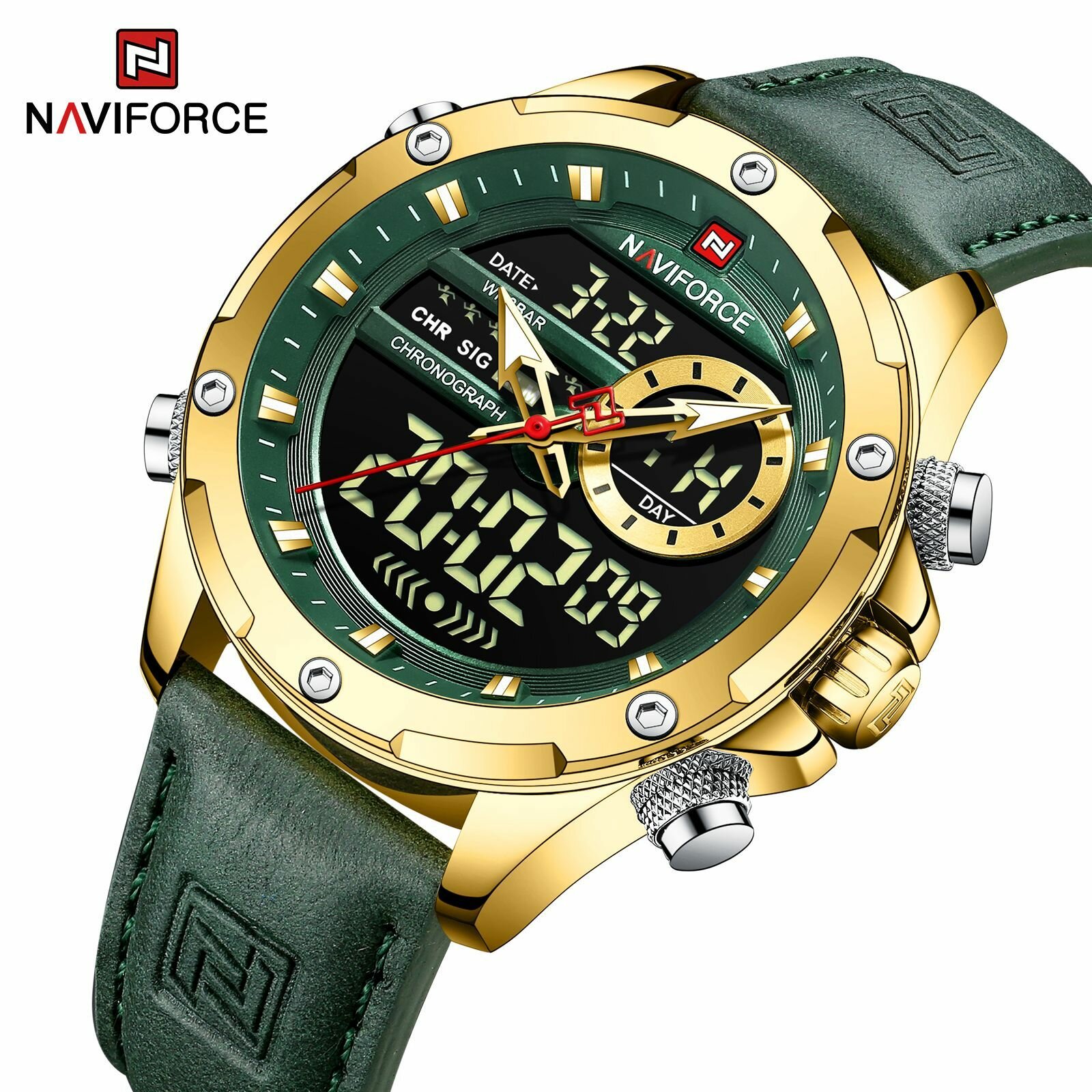 Naviforce Мужской спортивный будильник кожаные водонепроницаемые цифровые часы