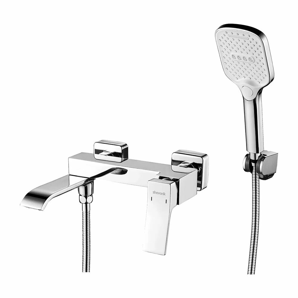 Смеситель для ванны с душем Shevanik S4002 с душевым гарнитуром, настенный, однорычажный, каскадный, с поворотным изливом, хром, глянцевый, латунный, с керамическим картриджем