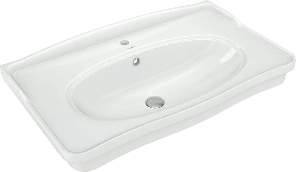 Мебельная раковина Kirovit Модерн 85 накладная, фаянсовая, со встроенным сливом-переливом, белая, раковина для ванной, прямоугольная