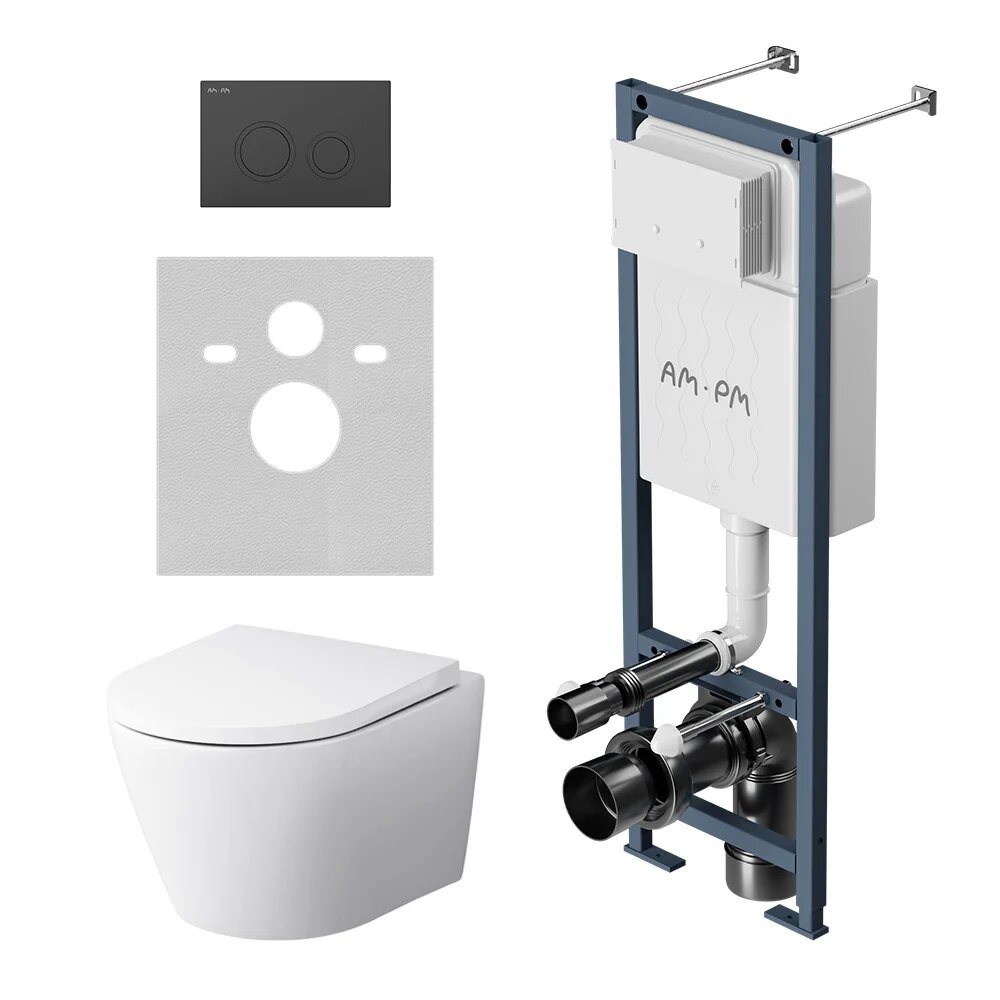 Комплект 5 в 1 AM.PM Унитаз подвесной Sense C741701SC безободковый / Инсталляция ErgoFit I012711.0138 с кнопкой смыва