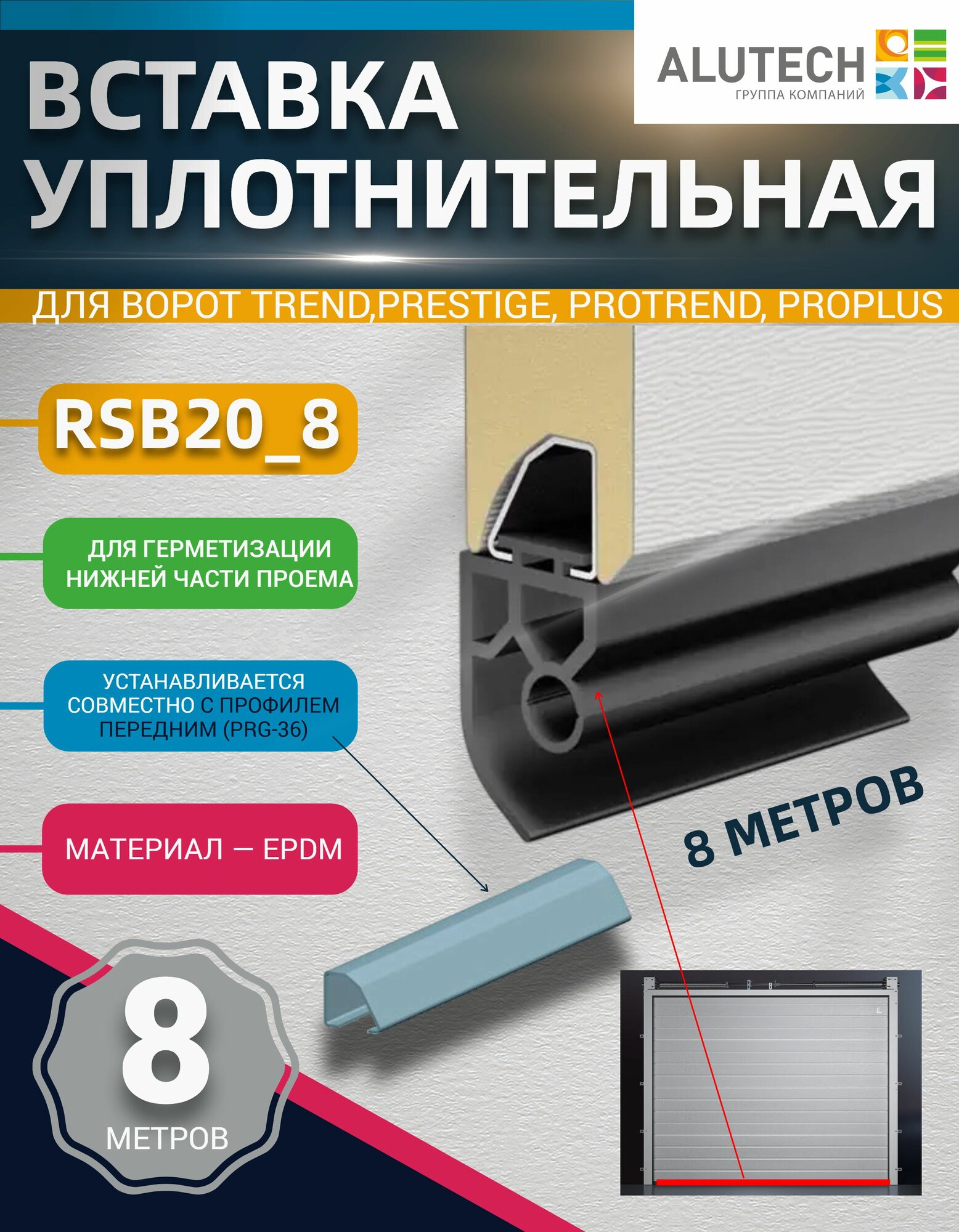 Уплотнитель RSB20 для герметизации ворот (EPDM, 8 метров) Для серий Trend, Prestige, ProTrend, ProPlus, AluTrend