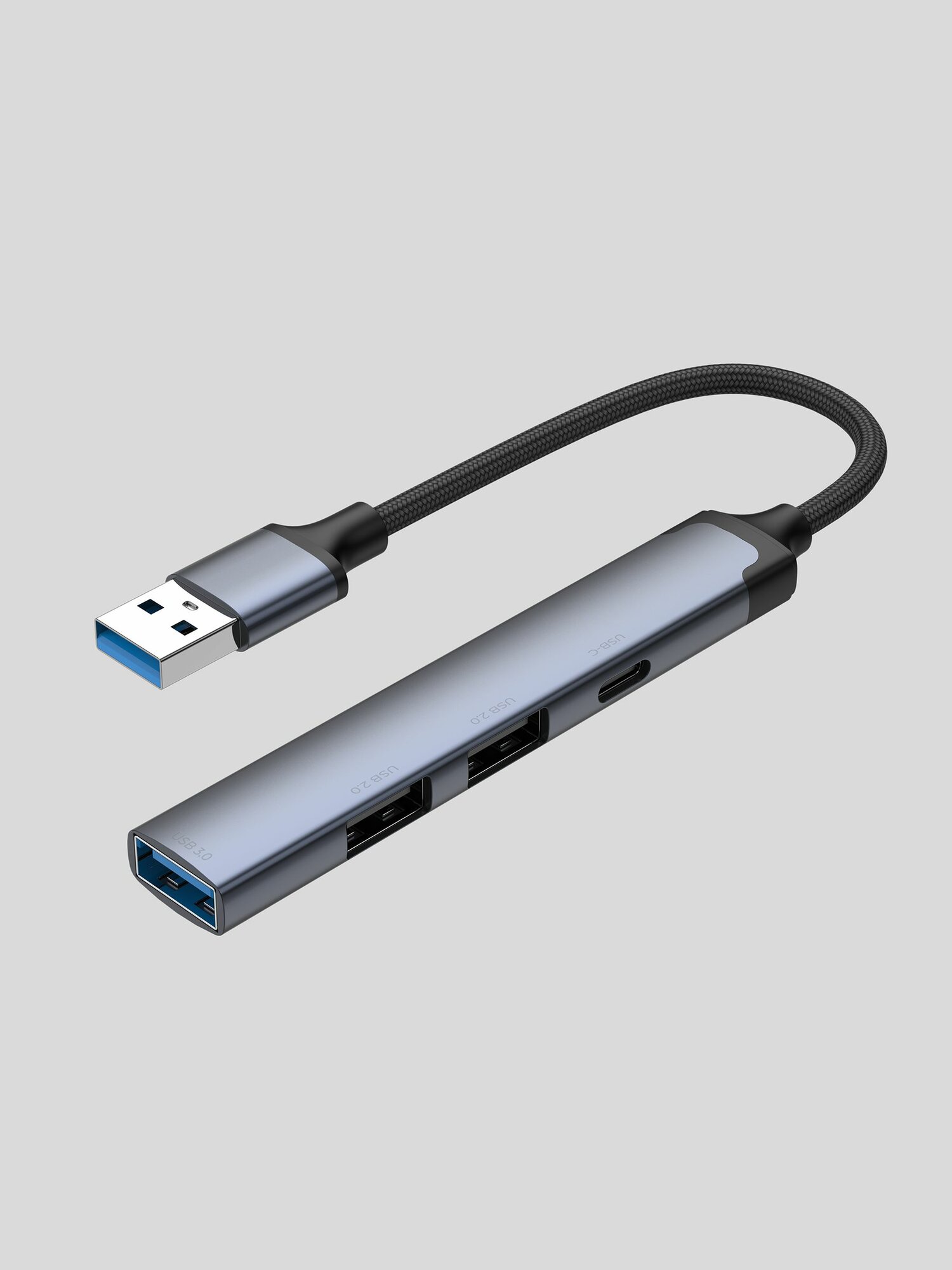 USB-хаб USB-A 3.0 + 2xUSB-A 2.0 + USB-C, переходник-адаптер 4 в 1 серый, нейлоновый кабель 14см Deppa, 73143