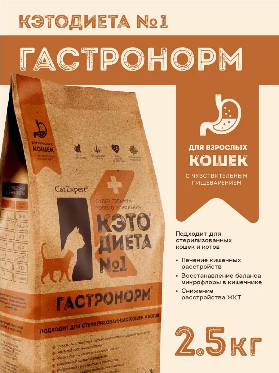 Ветеринарная диета для кошек с чувствительным пищеварением, КэтоДиета, "ГастроНорм", 2,5кг
