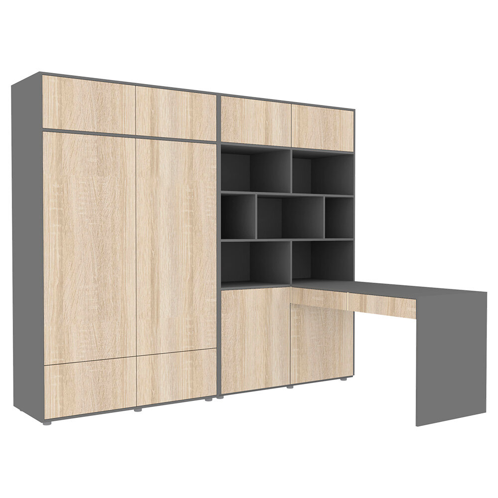 Стол письменный со стеллажом и шкафом 2400 Темно-серый Дуб Сонома