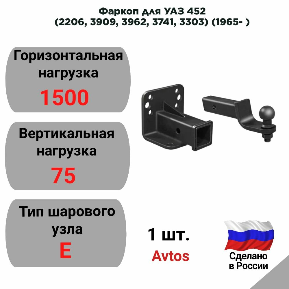 Фаркоп для УАЗ 452 (2206, 3909, 3962, 3741, 3303) (1965-) (быстросъемный квадрат-вставка 50*50) "Avtos" UAZ12