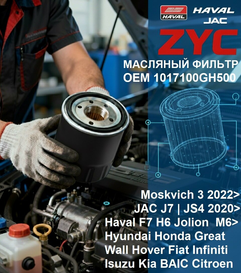 Масляный фильтр ZYC для Джак Москвич Хавал JAC J7 | JS4 2020> Moskvich 3 2022> HAVAL> BAIC U5 Plus 2021> 1017100GH500