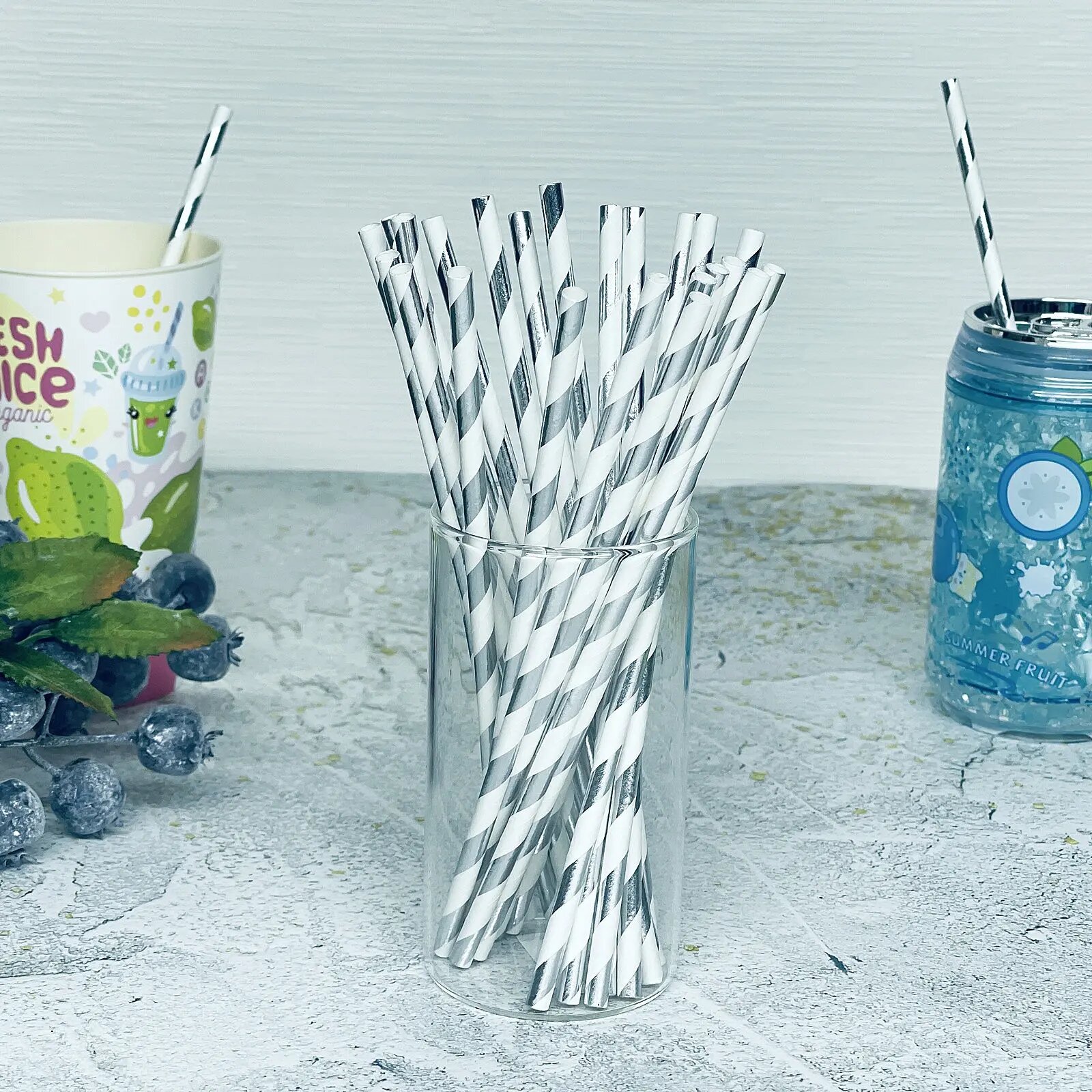 Трубочка для коктейля "Праздник" 19,5см, d-6мм, картон, серебристые полосы, 25шт