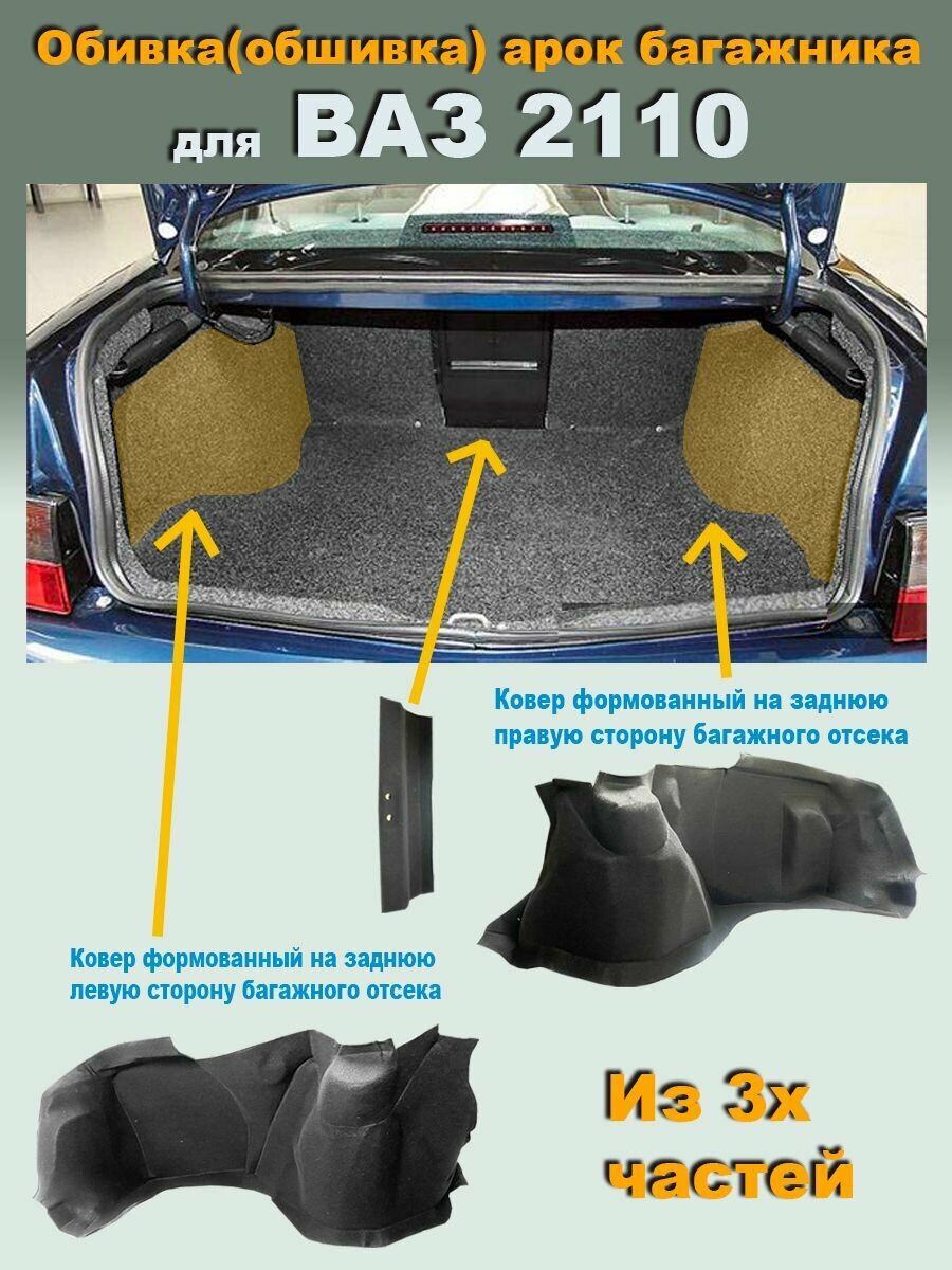 Обивка, обшивка арок багажного отсека для ВАЗ 2110 формованная ворсовая из 3 частей