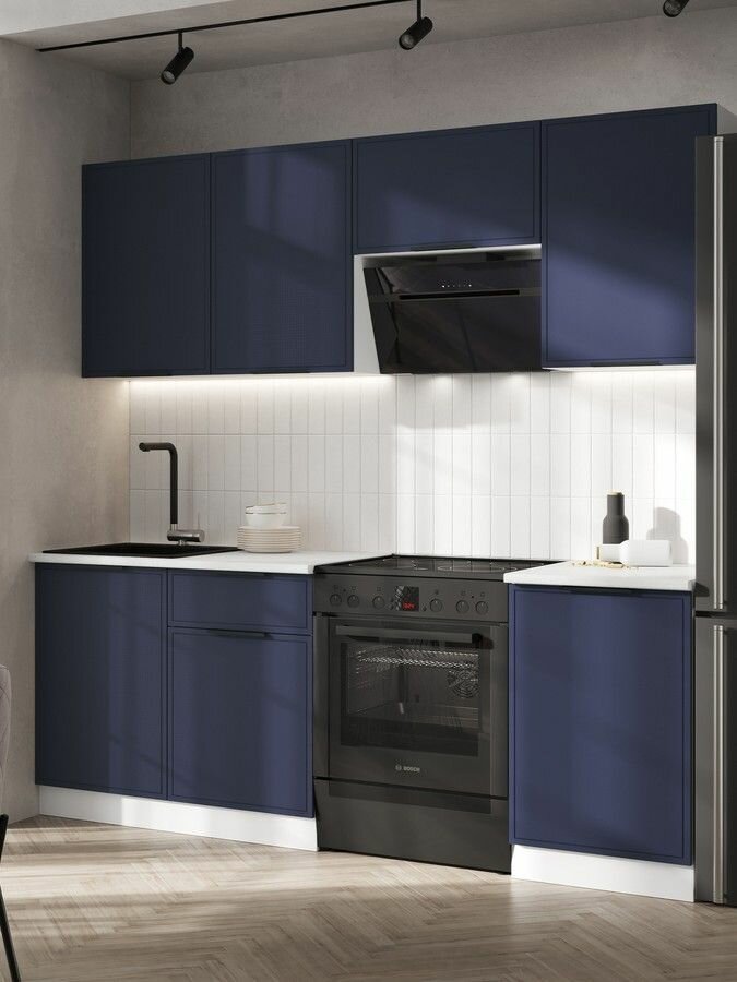 Кухонный гарнитур 2,1м (490) Николь холст сапфировый, белый со столешницей, МИФ