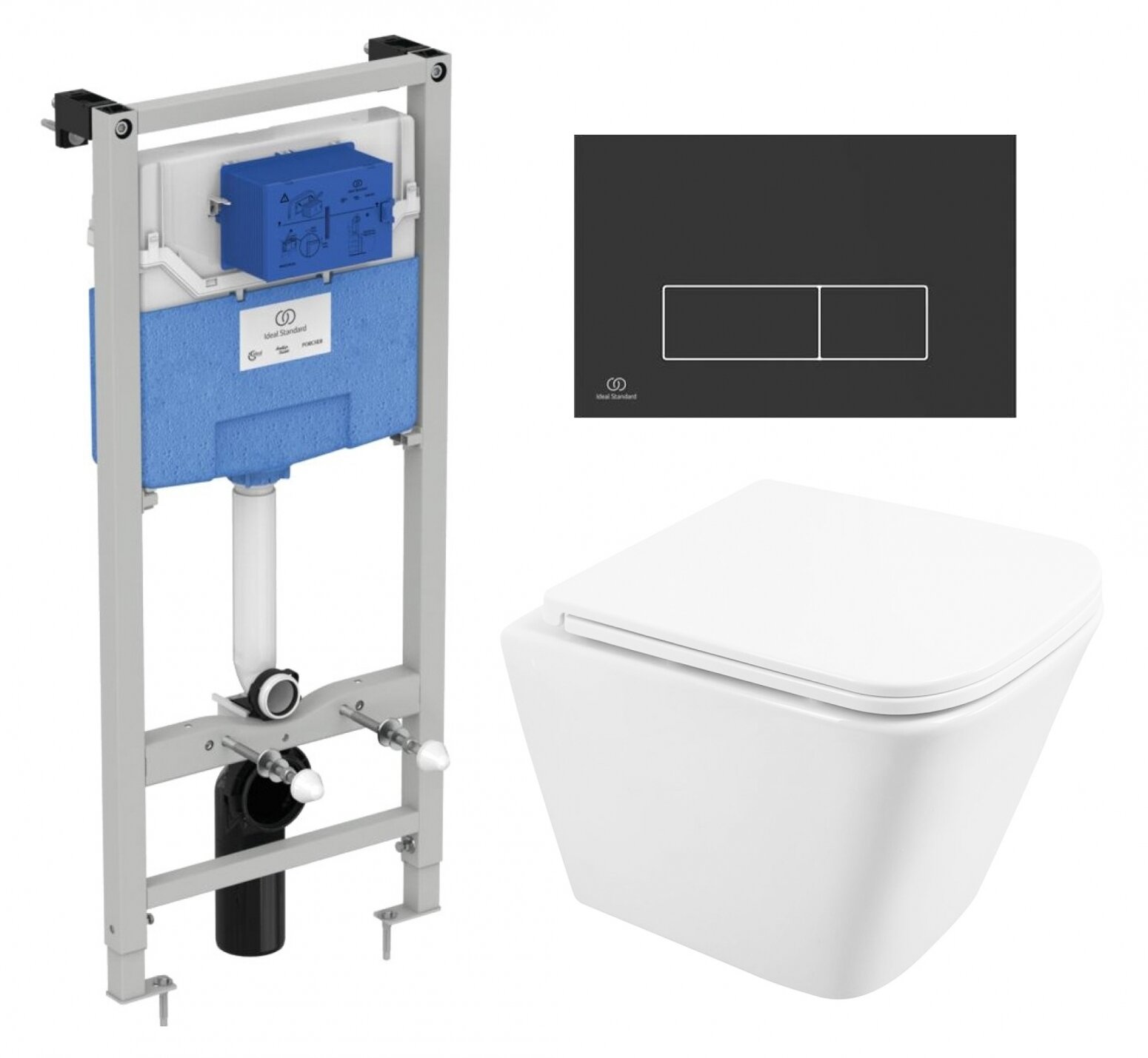 Комплект 3 в 1 инсталляция Ideal Standard + Унитаз подвесной BelBagno Due BB3103CHR/SC + кнопка черная