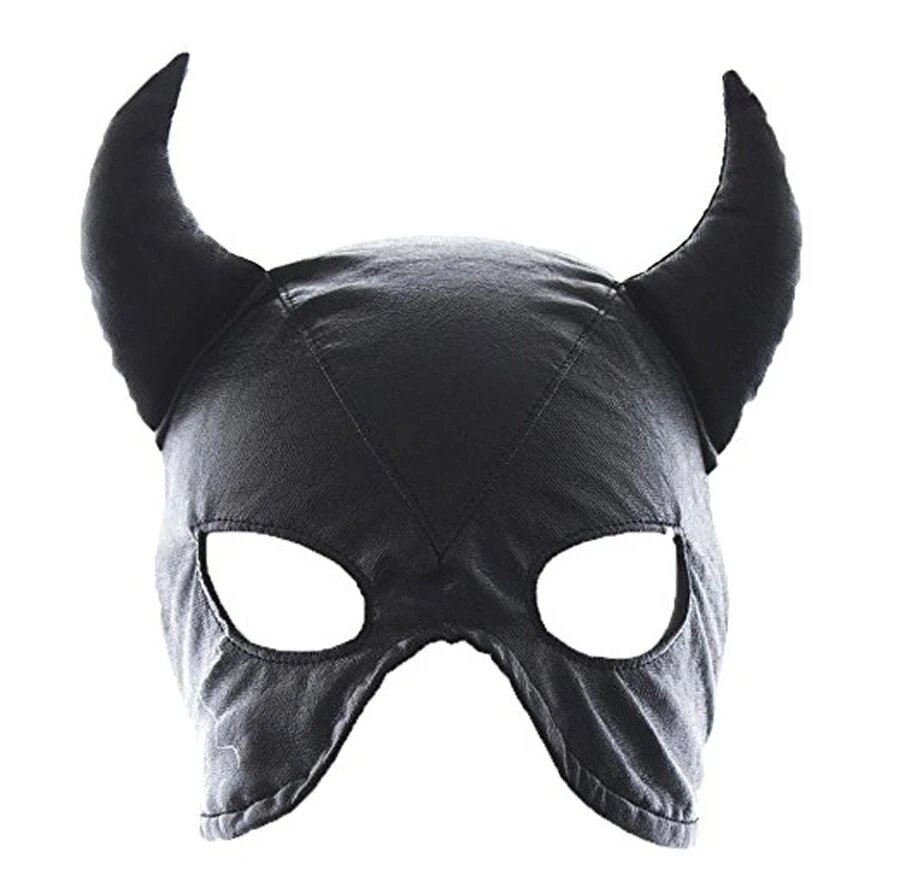 Черный кожаный капюшон с рогами BDSM Mask