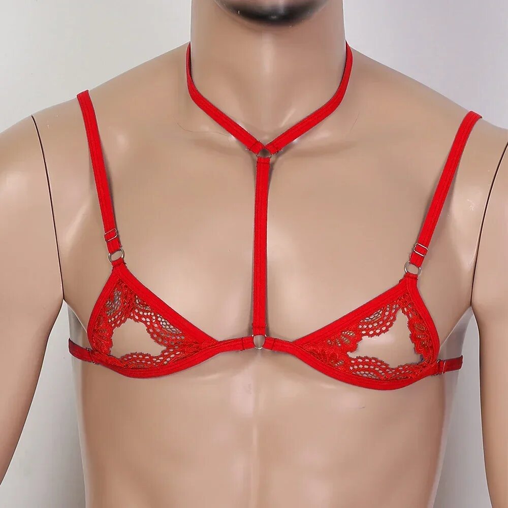 Мужской бюстгальтер с открытым кончиком, нижнее белье, эротический прозрачный кружевной бюстгальтер, мужское сексуальное нижнее белье для трансвеститов, бюстгальтер с лямкой на шее, регулируемые бретели, майки