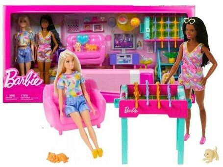 Большой набор для кукол Mattel Barbie - Барби, 2 куклы, игровая комната, собака, котенок + аксессуары - Барби HYT64